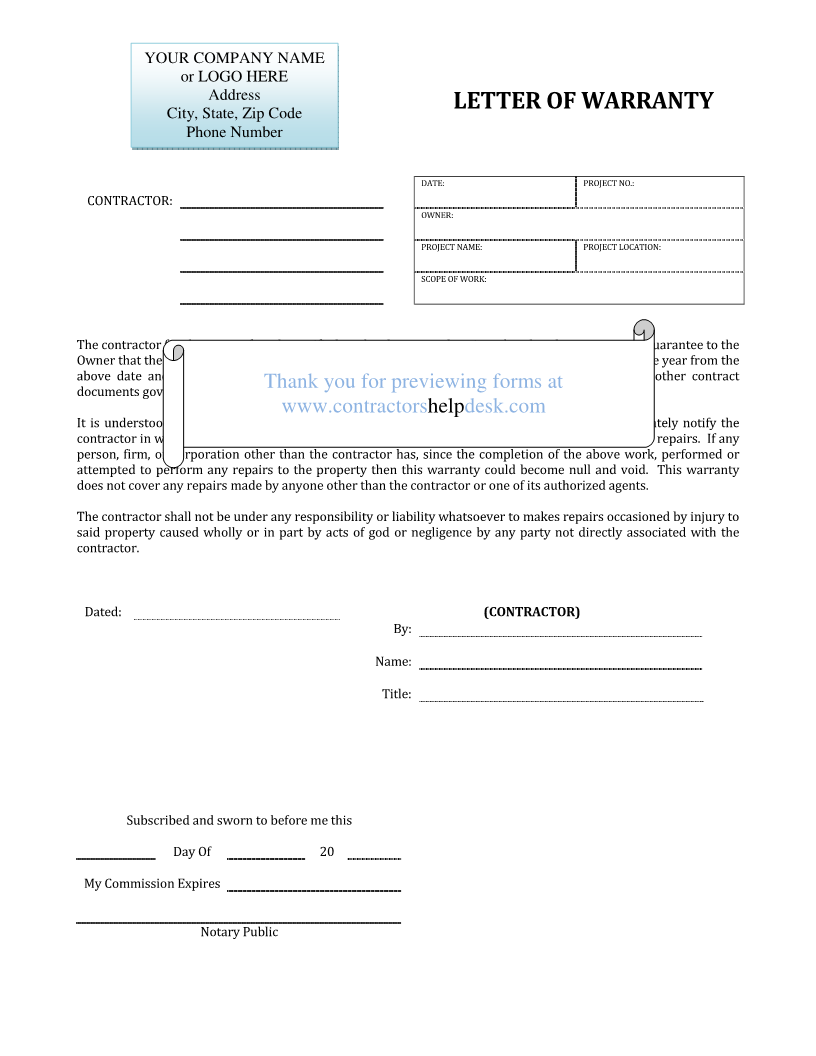 Sample Warranty Letter For Construction